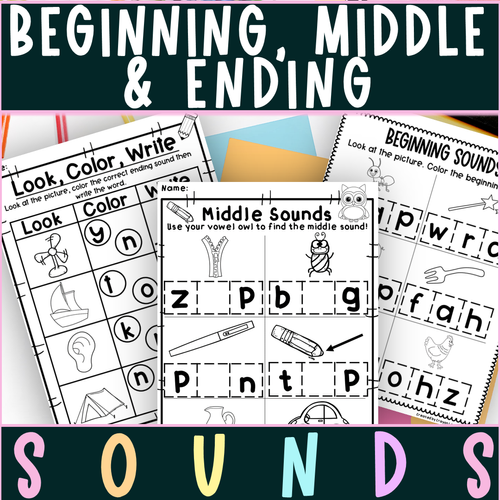 Beginning Middle End Sounds Worksheet Bundle | Crayon Lane Teach