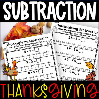 Thanksgiving Subtraction with a Number Line Worksheets | Crayon Lane Teach