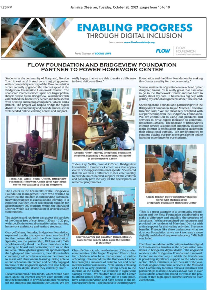 PARTNERSHIP WITH FLOW FOUNDATION JAMAICA TO POWER HOMEWORK CENTER