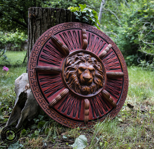 Round Greek Hoplite inspired shield with carved lion head relief ...