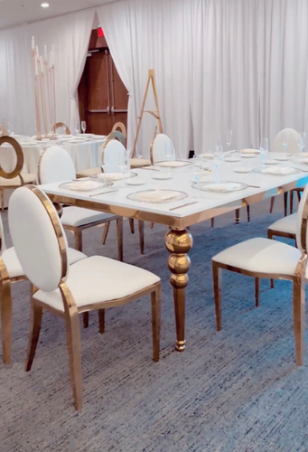 Vegas rectangular Gold king table hire | Jaydas Events