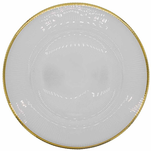 Ribbed gold rim glass charger plates hire | Jaydas Events