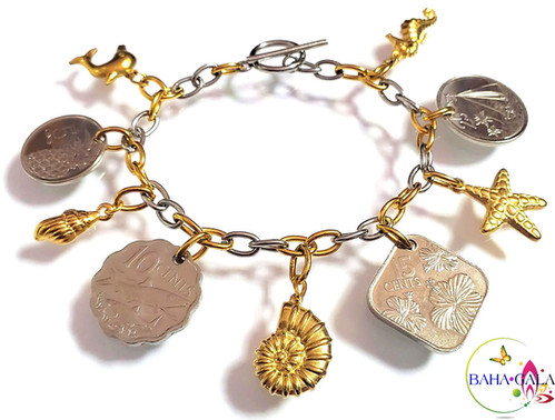 Authentic Bahamian Coins & Charm Stainless Steel Bracelet. | bahagala
