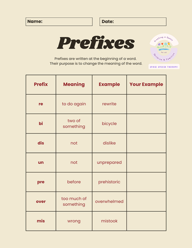 Prefix Worksheet | Space Speech Therapy