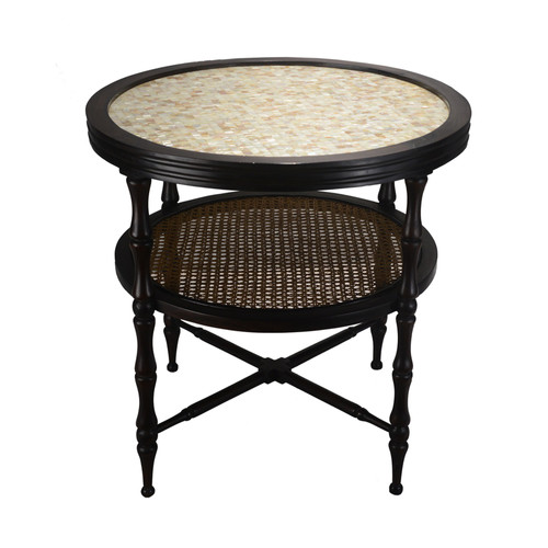 Bamboo Motive Round Side Table With Mop Top And Cane Shelf | Muzali Arts