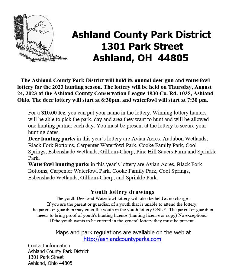 The Ashland County Park District Lottery for the 2023 Hunting Season
