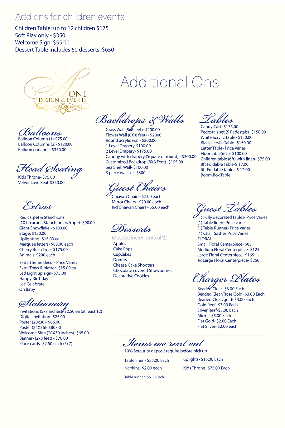 Prices & Packages with venue included | AOne Design & Events