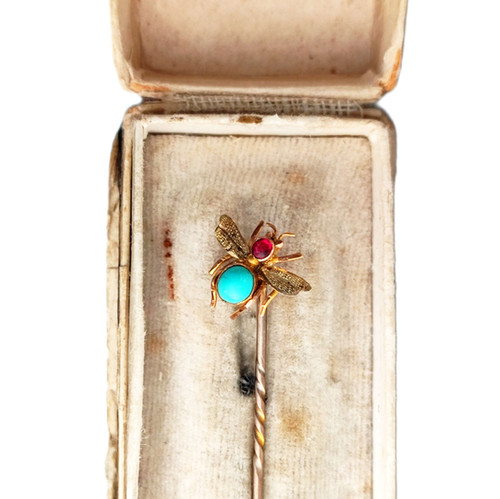 Antique 9ct turquoise & ruby fly pin | TOVS