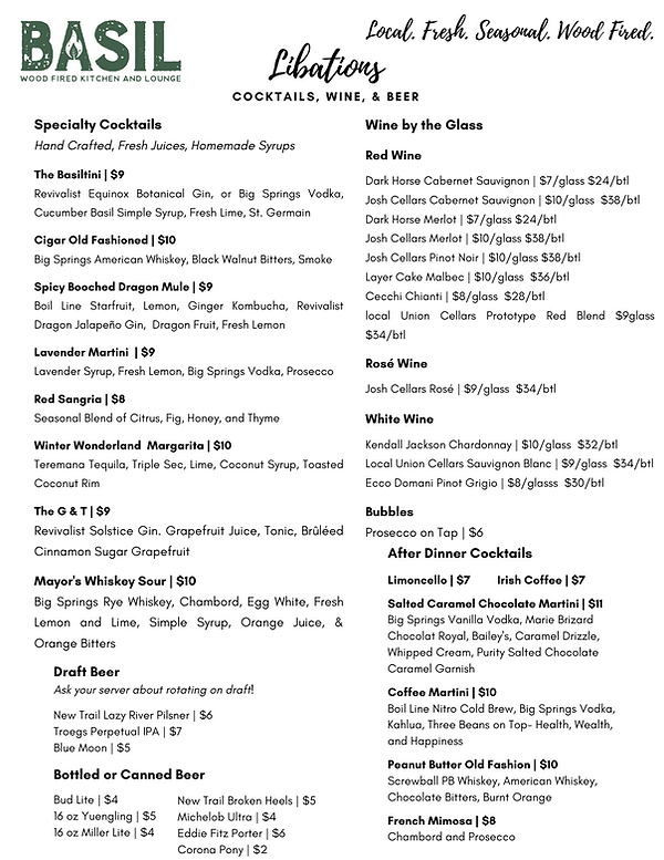 Menu | Basil Wood Fired