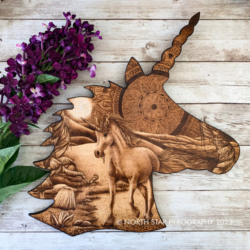 Fantasy Scene on Unicorn Cutout | NorthStar Pyrography