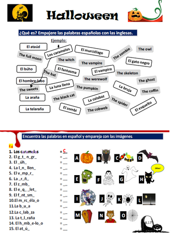 Halloween Vocabulary Worksheets-SPANISH | mflcentral