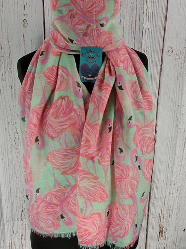 WOMEN'S DANCING FLAMINGOS SCARF -GREEN GIFT WRAP/BOX | the-gifted-owl-co