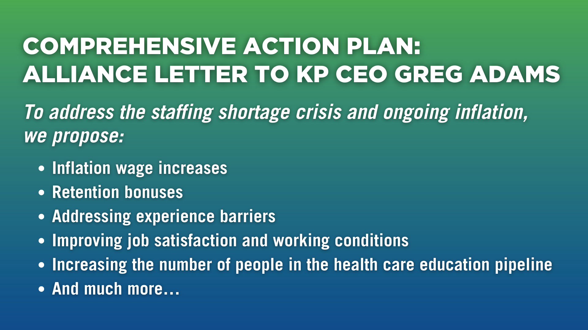 Comprehensive Action Plan: Alliance Letter to KP CEO Greg Adams