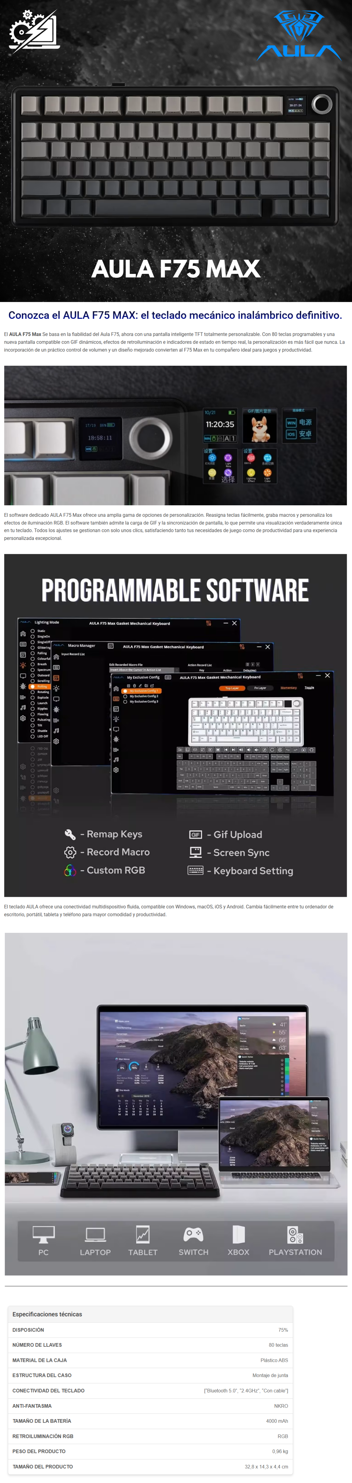 Teclado Mecanico Gamer AULA F75 MAX / 75% / 80 keys / Bluetooth 5.0 ...