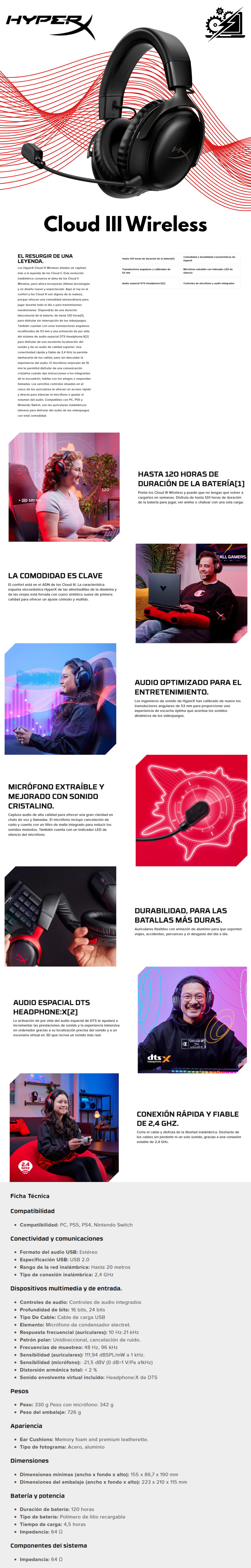 HyperX Cloud III Wireless headset para Gaming - Negro | Baja PC