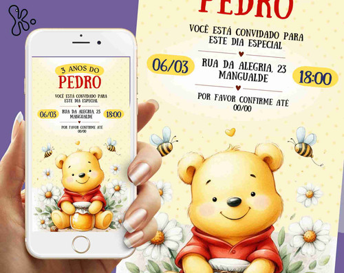 Convite Digital Baby Winnie The Pooh para Aniversário com Tema Floral ...