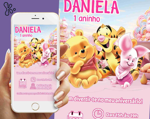 Convite Digital Baby Winnie The Pooh Rosa Personalizado para ...