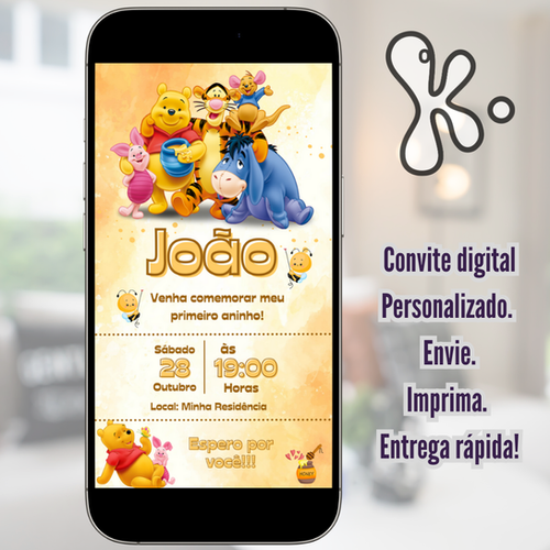 Convite Digital Winnie The Pooh Personalizado para Aniversário de ...