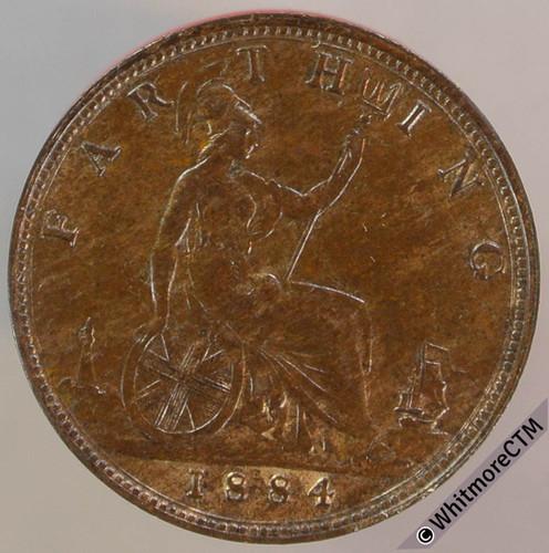 1884 British Bronze Farthing Victoria Bun Head. 10% Lustre | whitmore