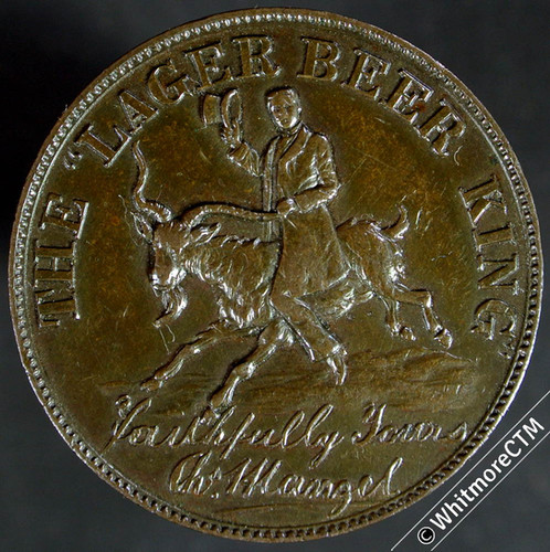 London Refreshment token 31mm A. Manzel. Man riding goat By Vaughton ...