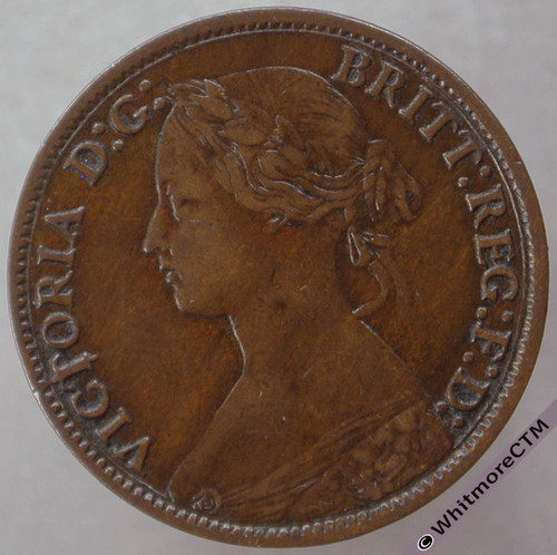 1865 British Bronze Farthing Victoria Bun Head. F513, 5 over 2 | whitmore