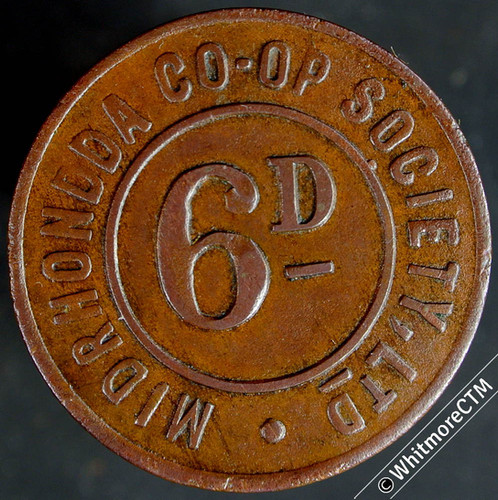 Co-Operative Society Token Mid Rhondda XC128 6D - same both sides ...