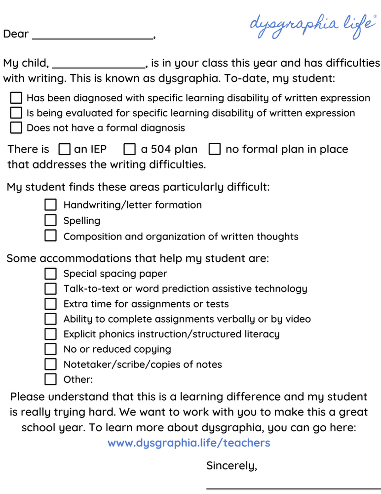 Printable Dysgraphia Handout to Give Teachers