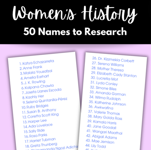 Women's History Month 50 Names to Research Freebie | MBB Creations