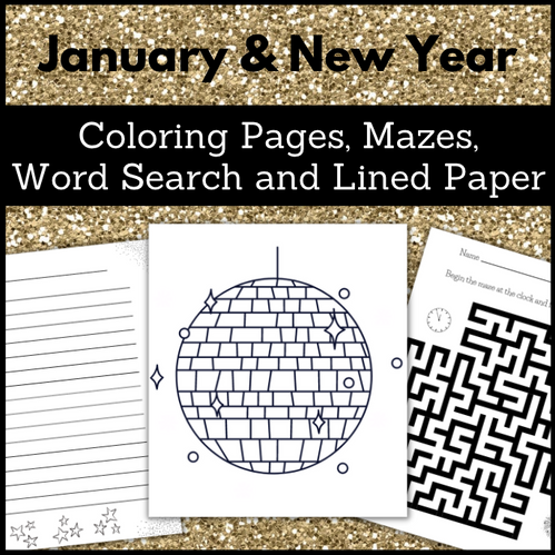 New Year January Coloring Pages, Mazes, Word Search, & Lined Paper ...