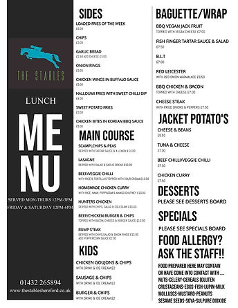 The Stables Hereford | Menu