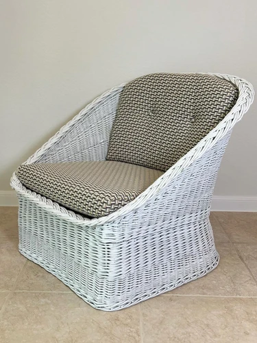Vintage Wicker Barrel Chair with Designer Fabric | stacy-paulson-design