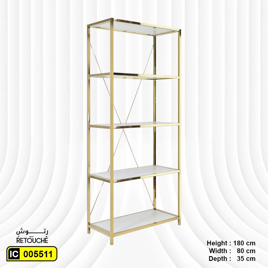 Metal Shelving Unit, 5 Tier, Gold Metal and White Wood Shelves
