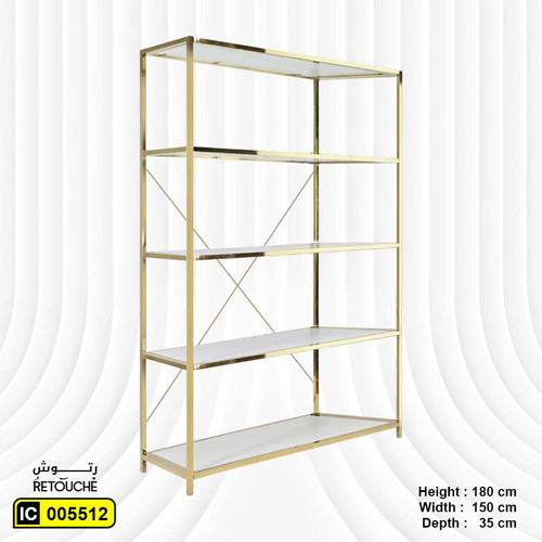 Metal Shelving Unit, 5 Tier, Gold Metal and White Wood Shelves