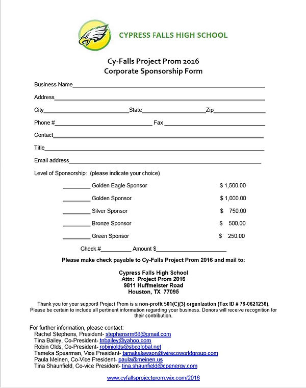Cy-Falls Project Prom 2016 Corporate Sponsor Form