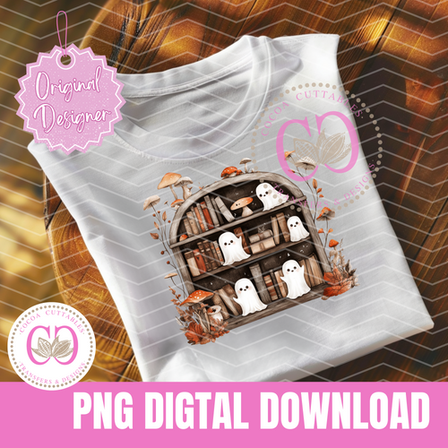 Spooky Cute Ghost Book Lovers on Bookshelves | Halloween Digital PNG ...