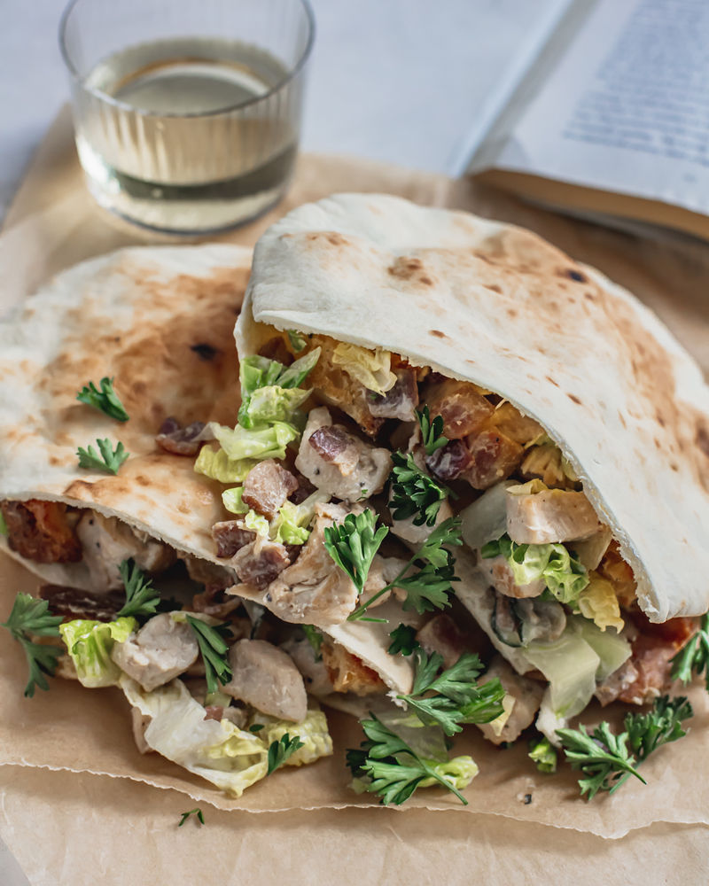 Chicken Caesar pita with bacon and creamy horseradish