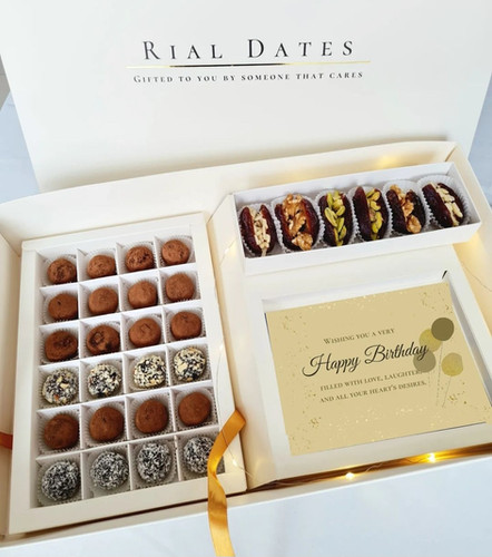 HAPPY BDAY Special gift set with Dates Nuts and chocolates Best sellers ...