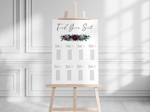 Burgundy & Blue Flowers Table Plan - White | poppy-forrest-kraft