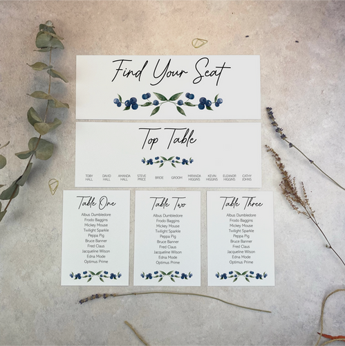 Blue Berry Individual Table Plan Cards - White | poppy-forrest-kraft