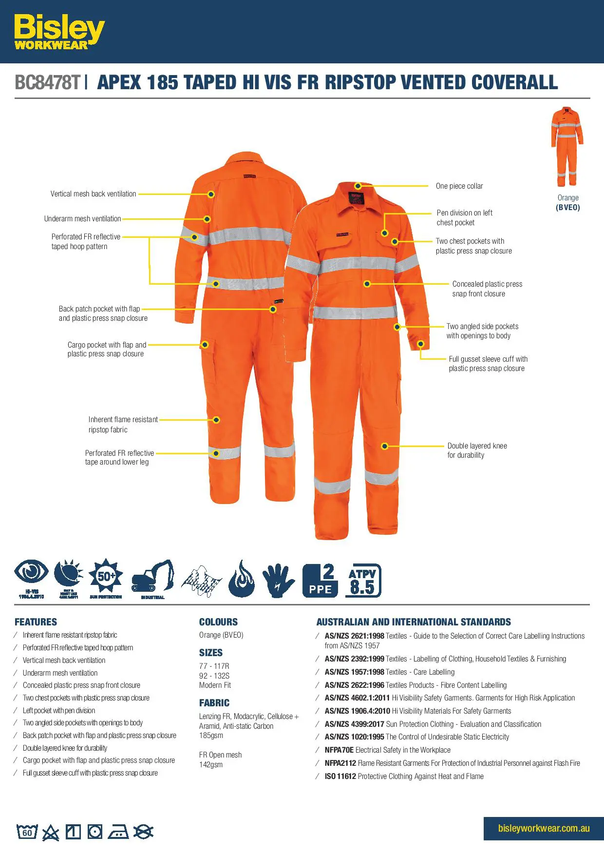 Bisley FR APEX 185 TAPED VENTED Coverall 阻燃抗電弧連身服(185g, HRC 2 ...