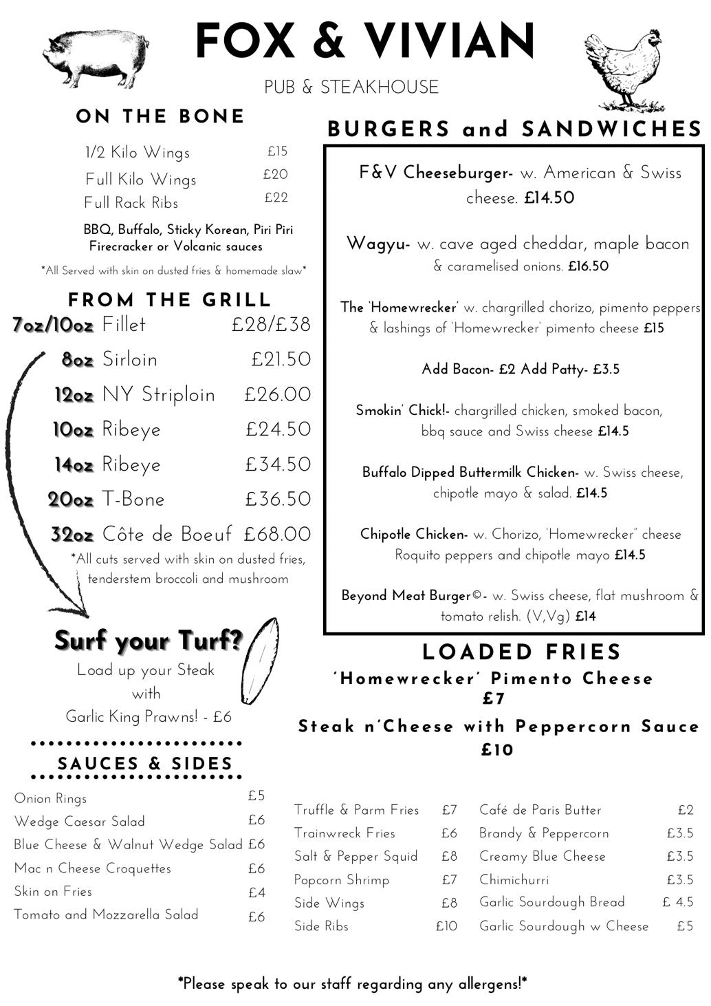 Menu | The Fox and Vivian Leamington Spa