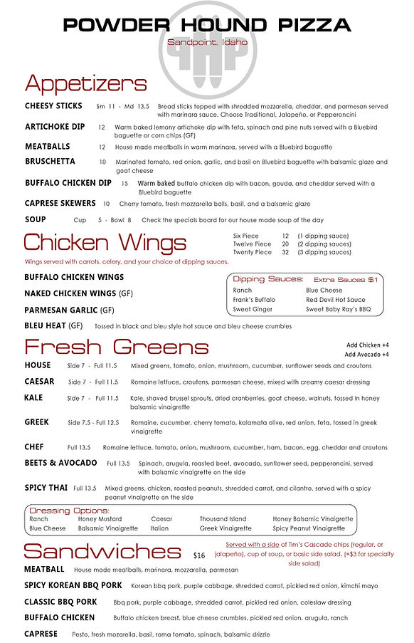 Menu - Sandpoint | Powder Hound Pizza