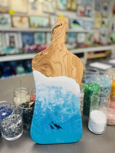 15" Olive wood dolphin resin ocean wave board | Crushed Glass PCB