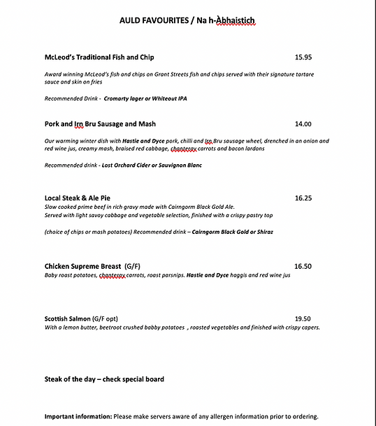 Inverness Main Menu | MacGregor's Bars