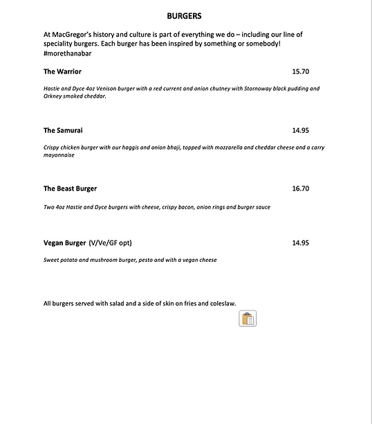 Inverness Main Menu | MacGregor's Bars