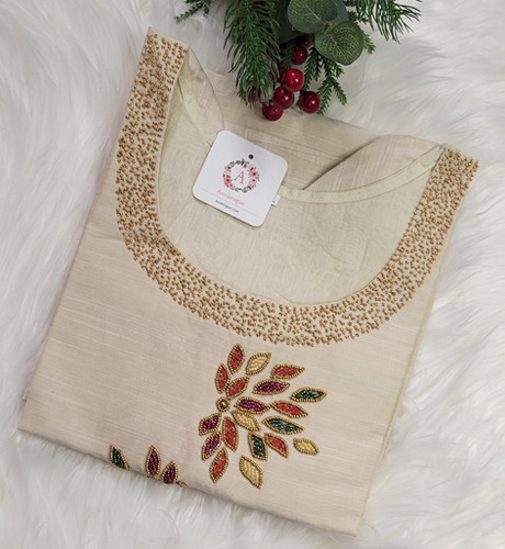 Half White Raw silk kurti with bead work | Anvisvogue