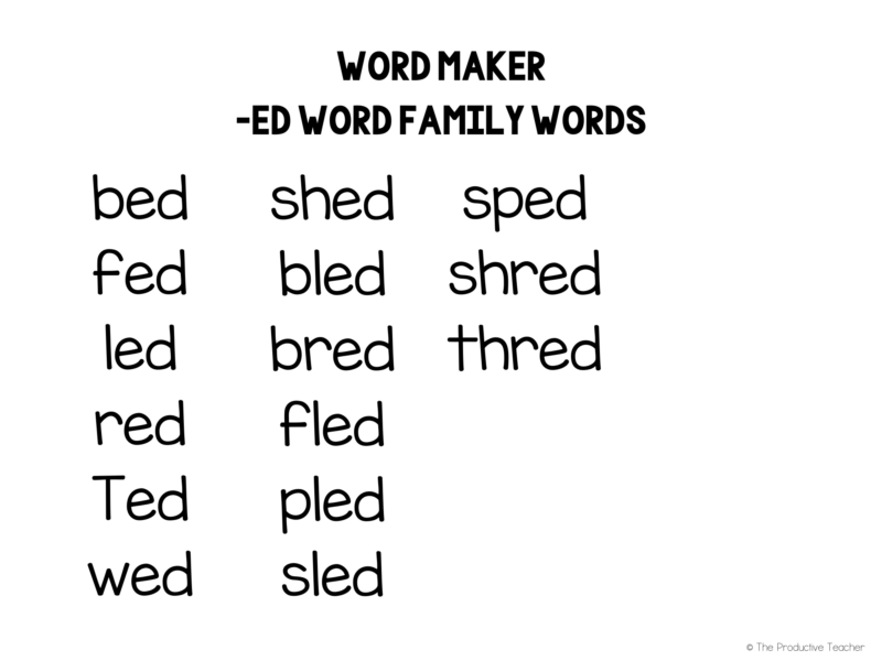 Free Short E Word Families Word Lists