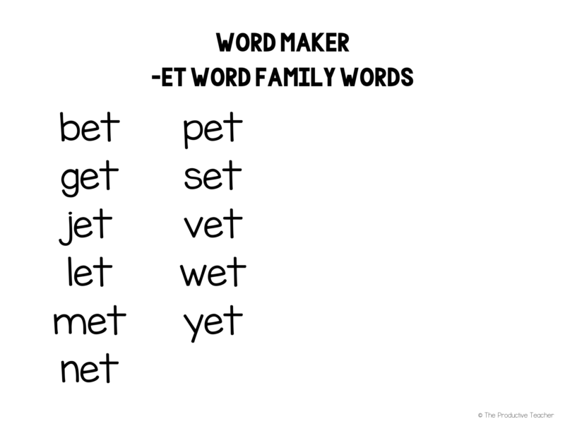 Free Short E Word Families Word Lists