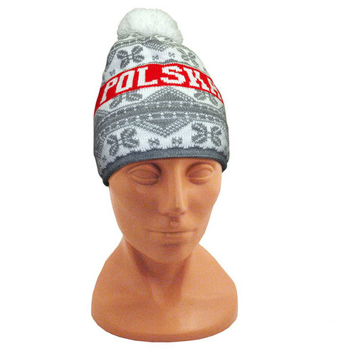 Polish Knit Cap, PomPom, White/ Lt. Grey | Polish Pride of MI