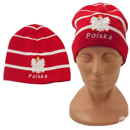 Polish Knit Cap, Polska (Poland) and Eagle, White with Thin Red Stripes ...